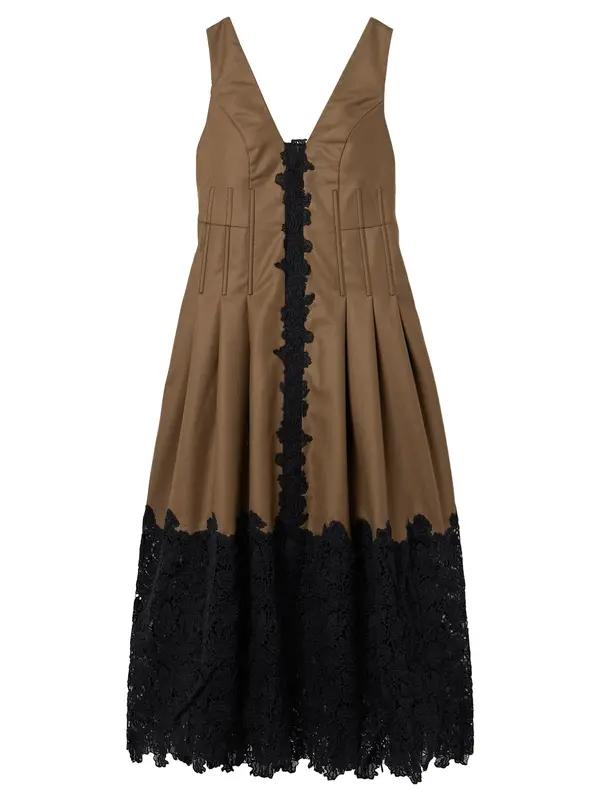 KIKA VARGAS Guipure Lace-trimmed Pleated Wool-twill Midi Dress - Brown
