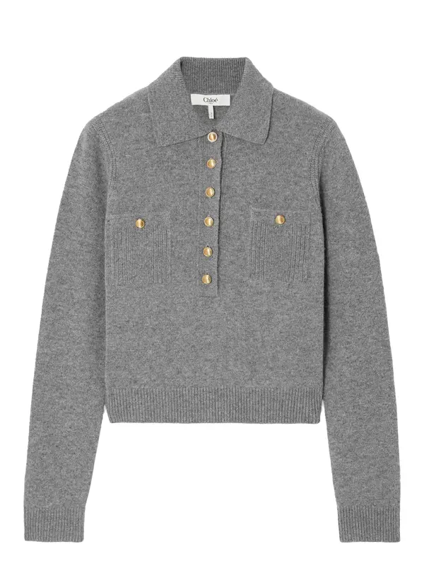 Chloé Embellished Wool And Cashmere-blend Polo Sweater - Gray
