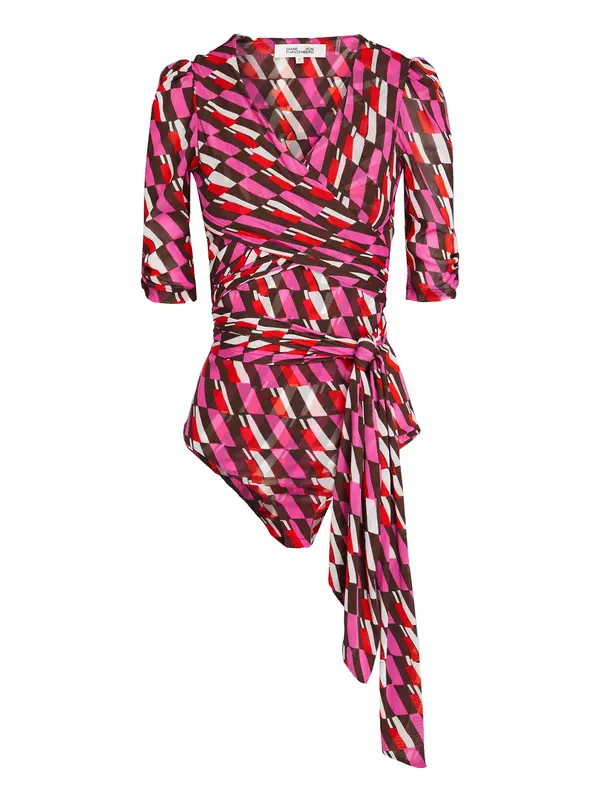 Diane Von Furstenberg Abbie Wrap-effect Printed Mesh Bodysuit - Bright Pink