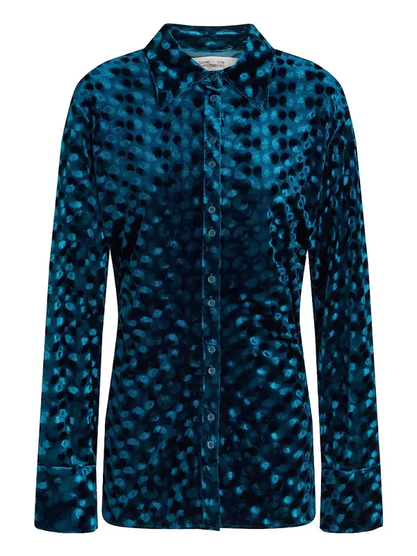 Diane Von Furstenberg Soluck Ruched Printed Velvet Shirt - Petrol