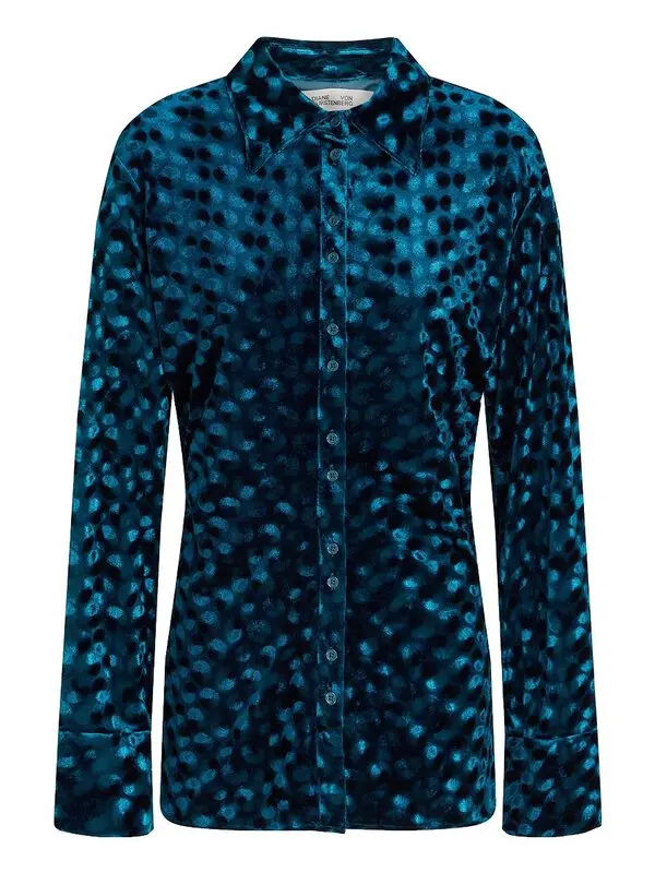 Diane Von Furstenberg Soluck Ruched Printed Stretch-velvet Shirt - Petrol