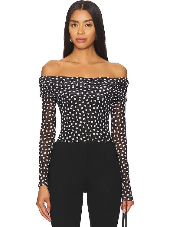 Majorelle Ruched Mesh Bodysuit With Off-the-shoulder Styling - Black