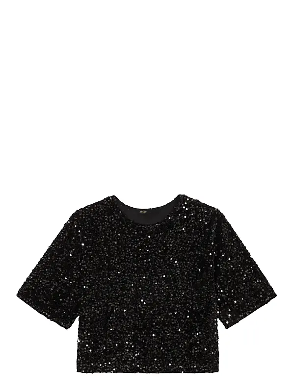 Maje Sequin-embellished Velvet Top - Noir / Gris