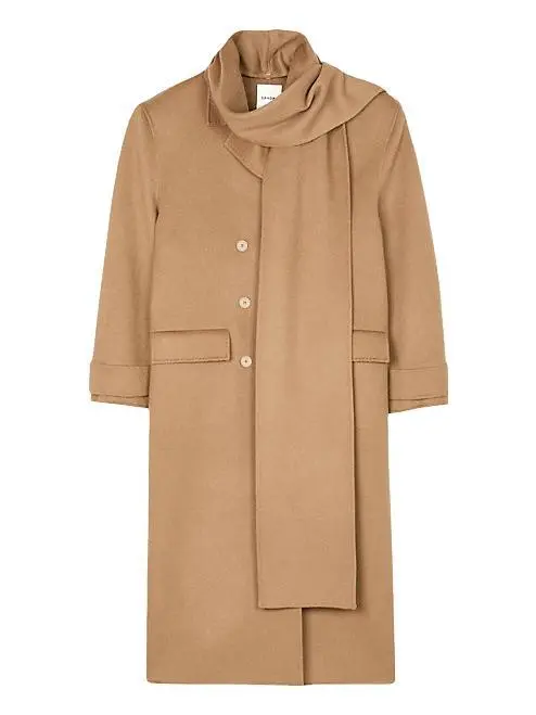 Sandro Relaxed-fit Wool Coat With Integrated Scarf - Camel