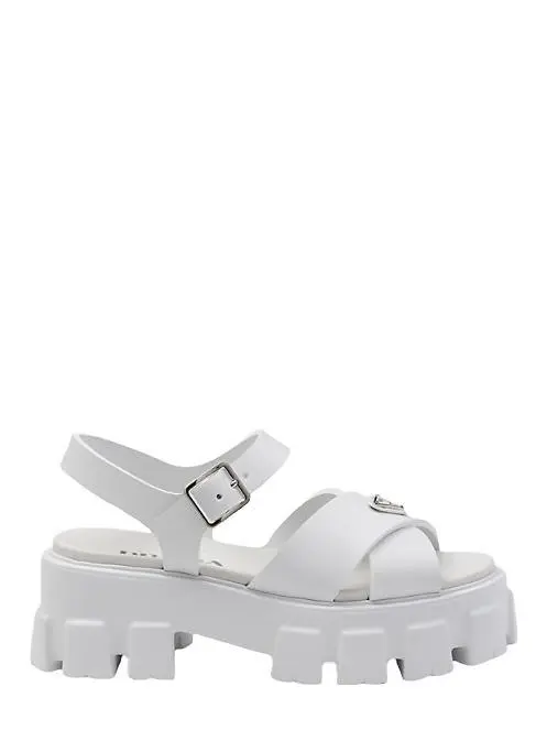 Prada Monolith Logo-plaque Heeled Sandals - White