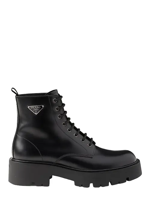 Prada Brushed Leather Combat Boots With Brand Plaque - Black