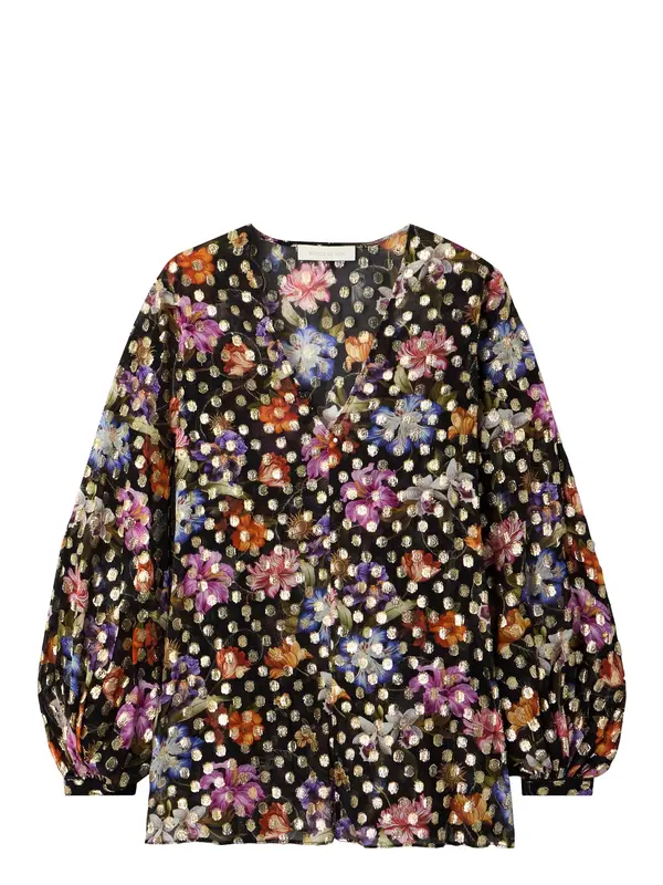 Borgo De Nor Stellan Floral-print Metallic Fil Coupé Chiffon Blouse - Black