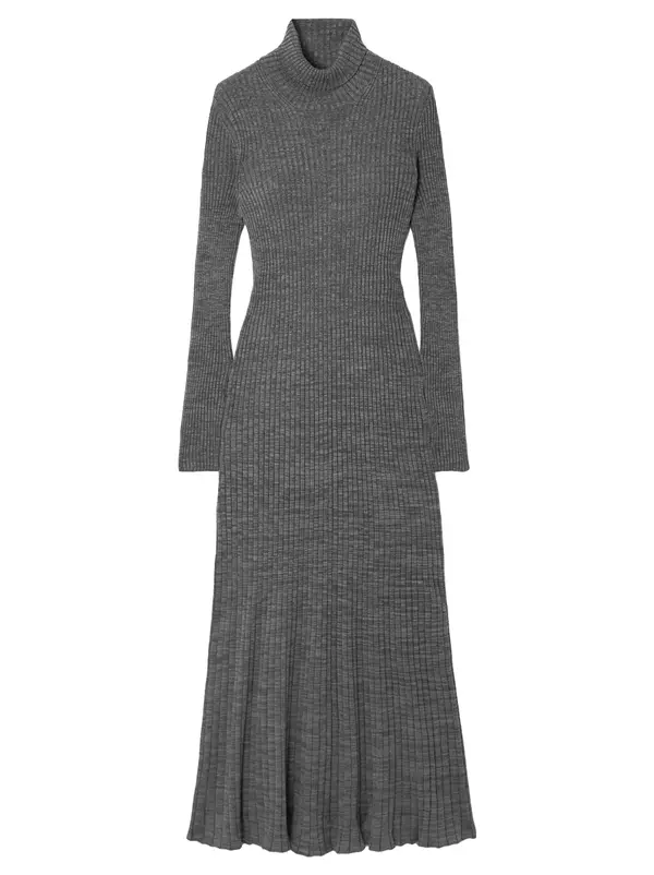 Moncler Ribbed Wool Turtleneck Midi Dress - Gray