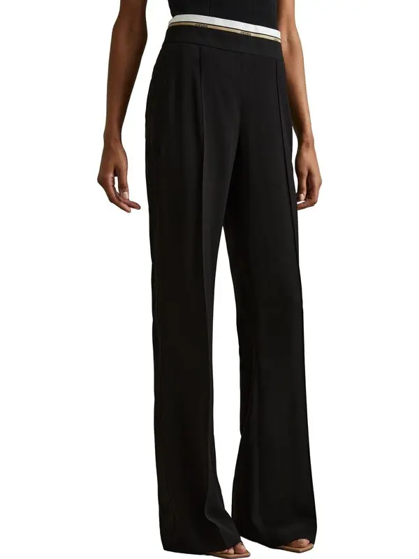 REISS Sian Waistband Detail Wide Leg Trousers - Black