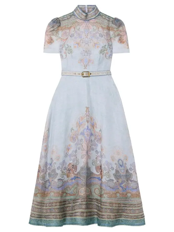 Zimmermann Eden Belted Printed Linen And Silk-blend Midi Dress - Blue