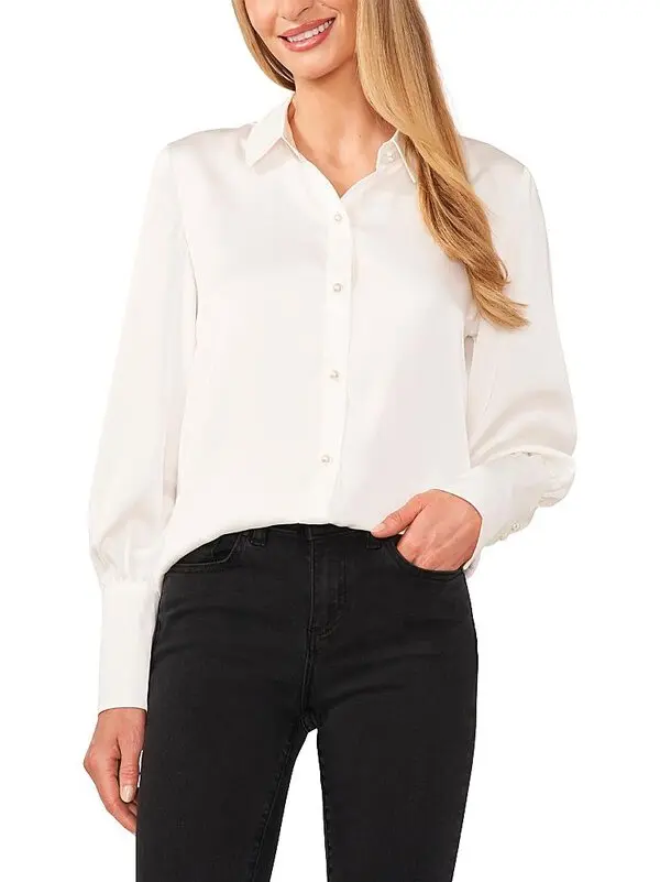 CECE DUPRAZ Satin Faux Pearl Button Blouse - Soft Ecru
