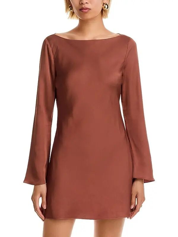 French Connection Ennis Satin Bell Sleeve Mini Dress - Chocolate