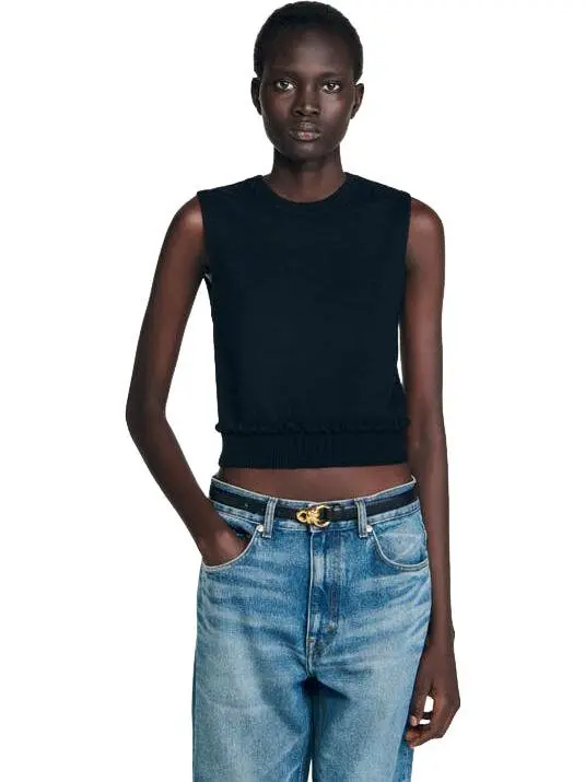 Sandro Ruffled Cropped Sweater - Black