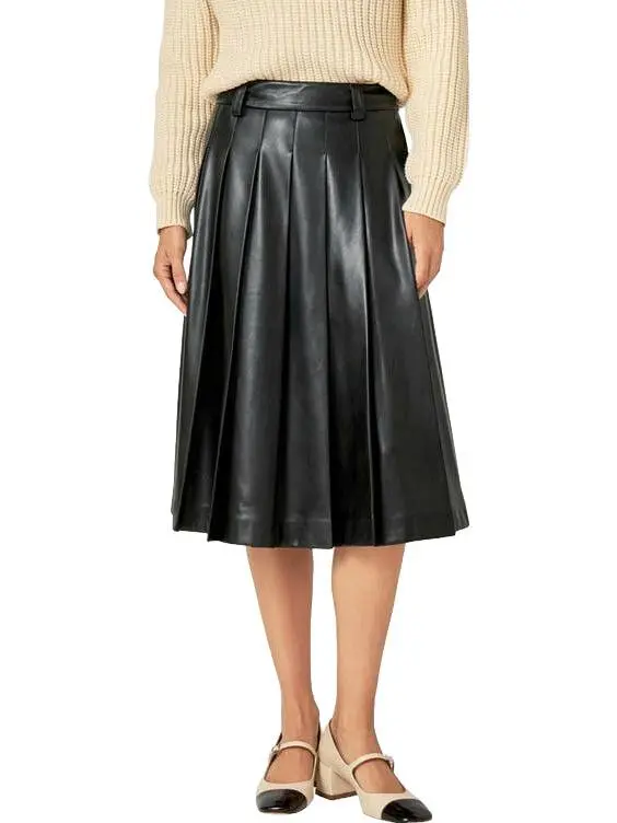 English Factory Pleated Faux Leather A-line Skirt - Black
