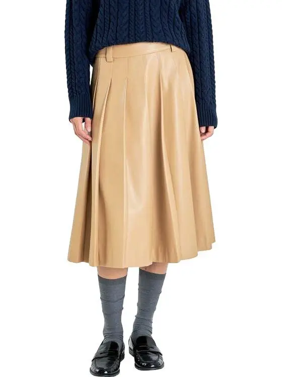 English Factory Pleated Faux Leather A-line Skirt - Taupe