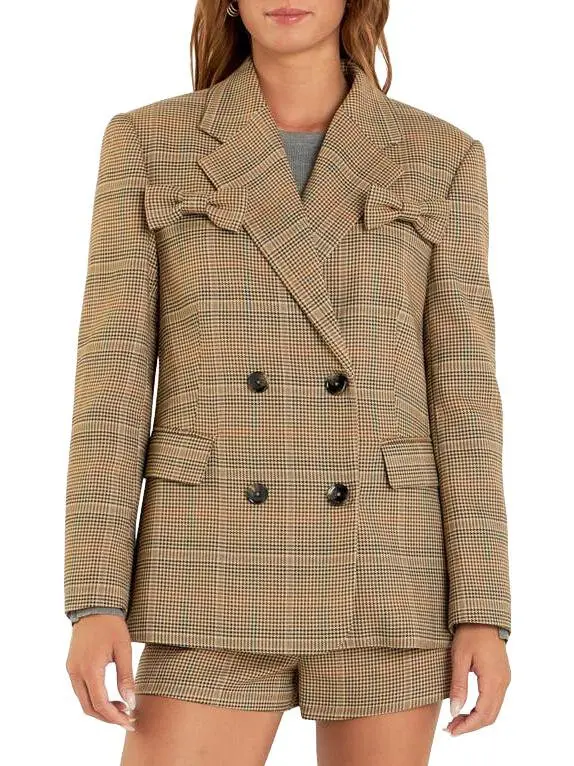 English Factory Glen Check Double-breasted Blazer With Bow Detail - Brown