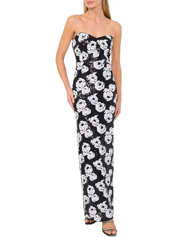 CECE DUPRAZ Floral Sequin Strapless Gown - Rich Black