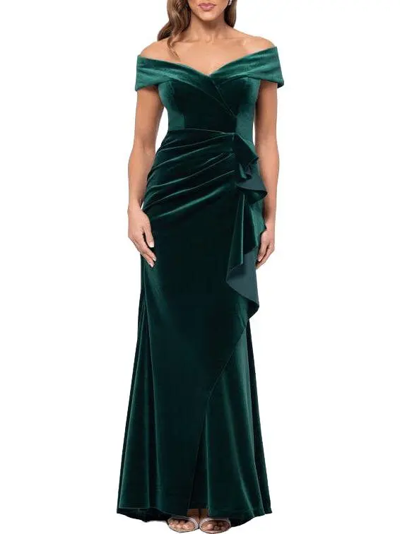 XSCAPE EVENINGS Ruffle Off-the-shoulder Velvet Gown - Hunter