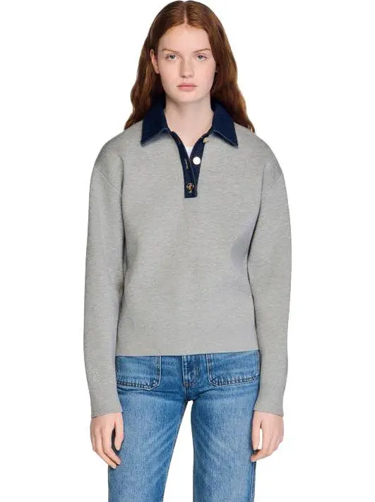 Sandro Knit Sweater With Denim Collar - Black