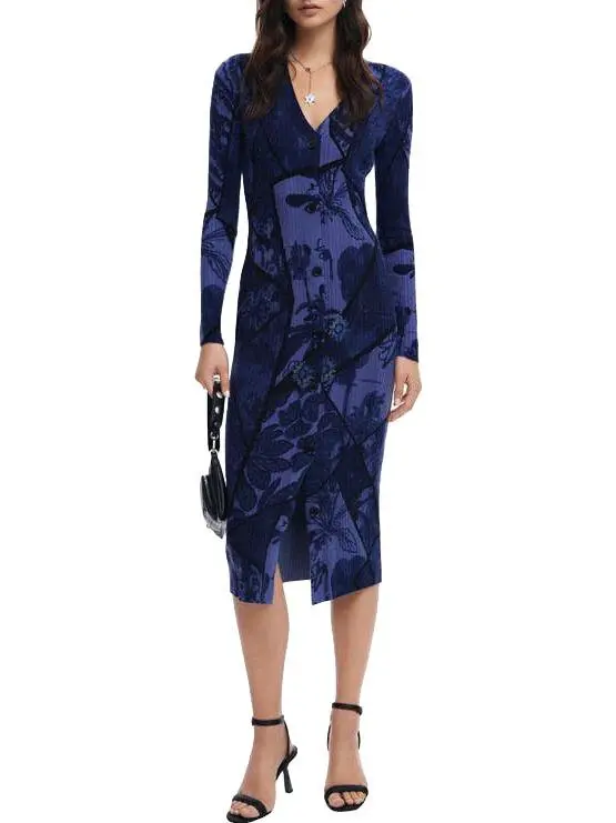 Desigual Floral Printed Long Sleeve Dress - Blue