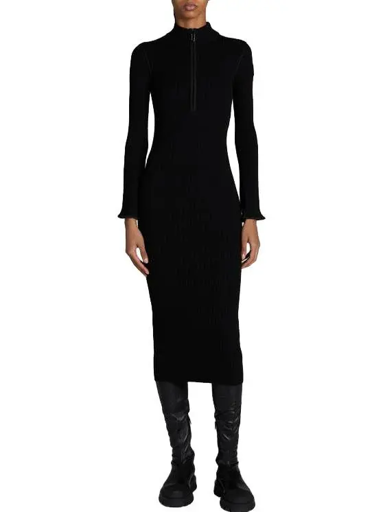 Moncler Ribbed Long Sleeve Quarter Zip Sweater Dress - Black