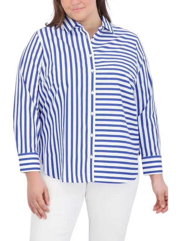 Foxcroft Mixed Stripe Cotton Sateen Shirt - Blue/ White