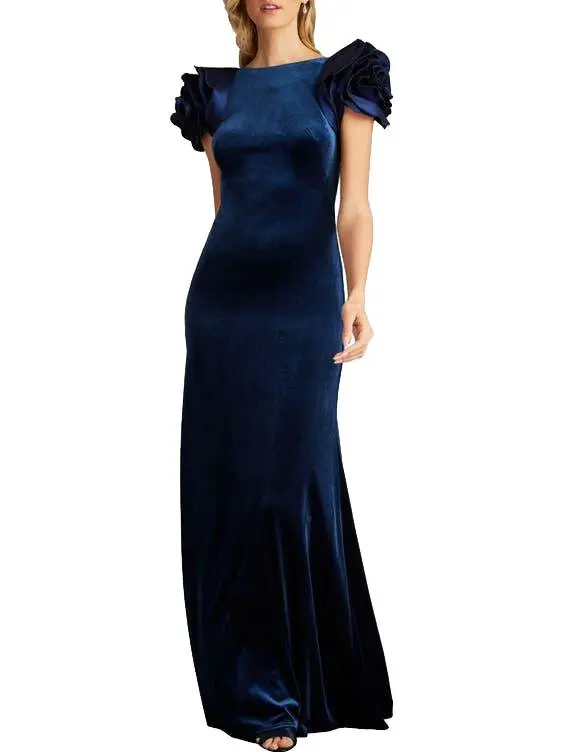 Tadashi Shoji Rose Shoulder Velvet Gown - Navy