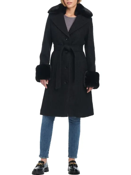 Kate Spade New York Club Belted Wool-blend Coat With Faux Fur Trim - Black