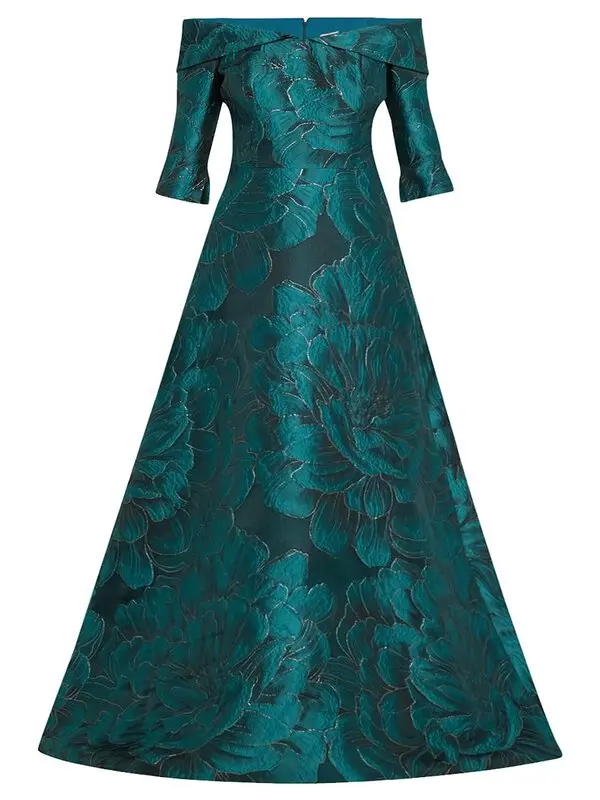 Rickie Freeman For Teri Jon Off-the-shoulder Gown - Teal
