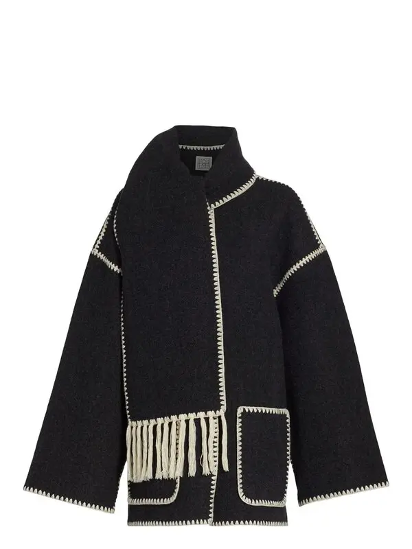 TOTEME Fringe Embroidered Scarf Wool Jacket - Black
