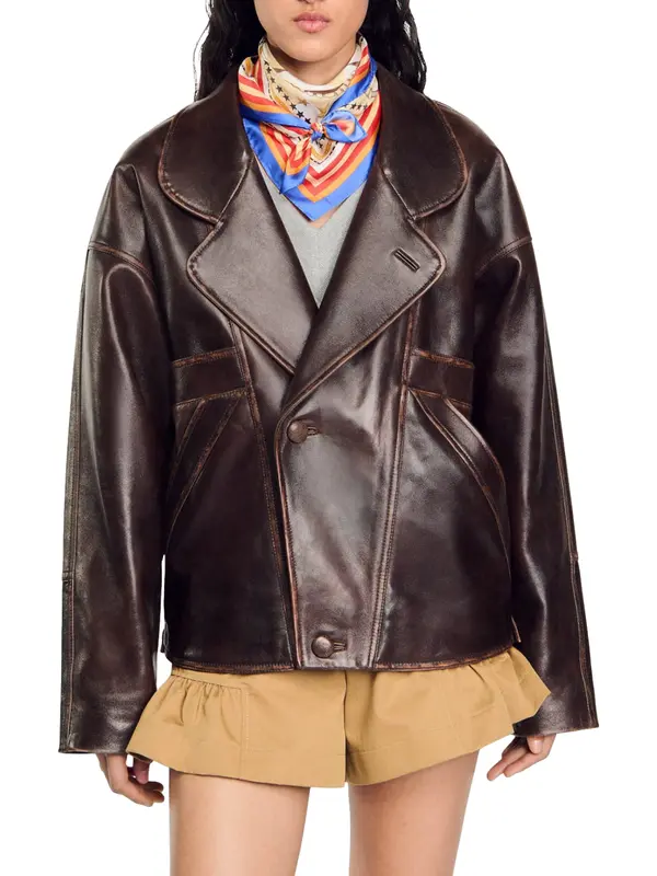 Sandro Clem Distressed Lambskin Leather Jacket - Brown