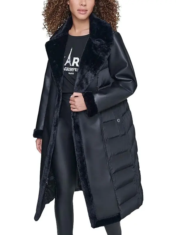 Karl Lagerfeld Paris Mixed Media Puffer Coat - Black