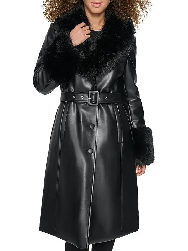 Karl Lagerfeld Paris Faux Leather Trench Coat - Black