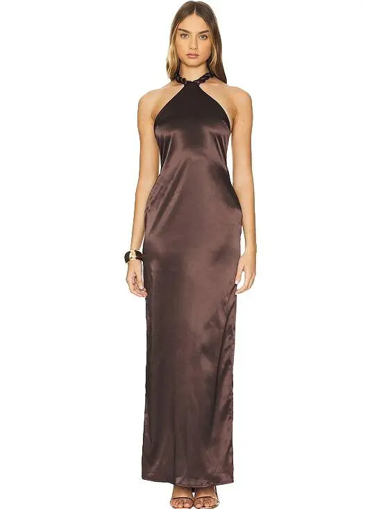 KHANUMS Satin Halter Maxi Dress - Brown