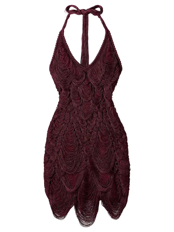 FERRAGAMO Fringed Silk-blend Halterneck Mini Dress - Burgundy