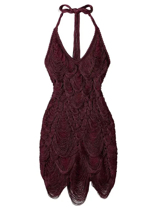 FERRAGAMO Fringed Silk-blend Halterneck Mini Dress - Burgundy