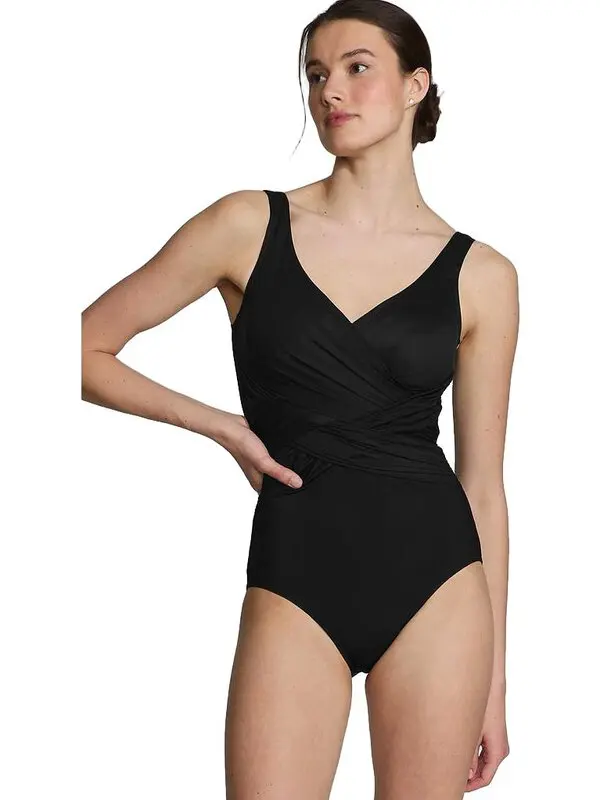LANDS' END Slendersuit Wrap One-piece Swimsuit - Black