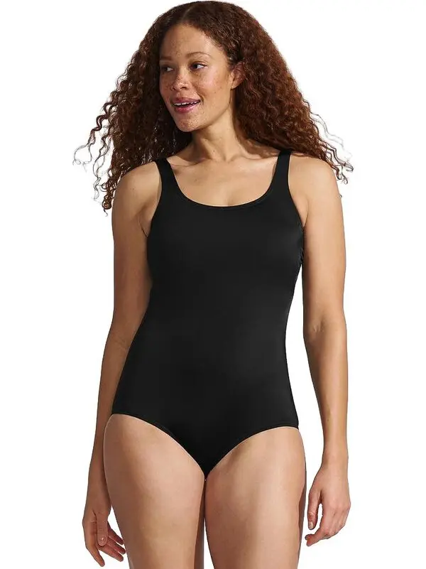 LANDS' END Long Chlorine Resistant Scoop Neck Soft Cup Tugless Sporty One Piece Swimsuit - Black