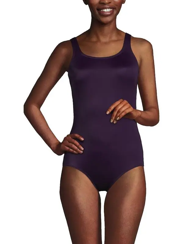 LANDS' END Long Chlorine Resistant Scoop Neck Soft Cup Tugless Sporty One Piece Swimsuit - Blackberry