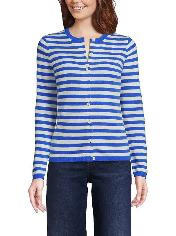 LANDS' END Cashmere Cardigan Sweater - Muted Cobalt/ivory Breton