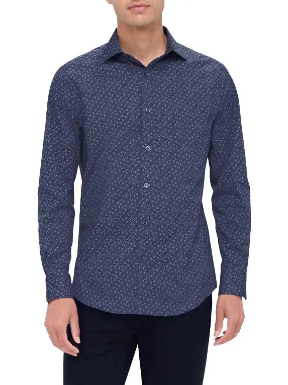 Bugatchi Axel Shaped Fit Trellis Print Stretch Cotton Button-up Shirt - Navy