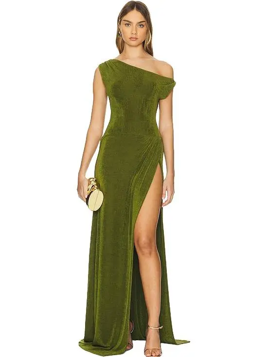 KHANUMS Slinky Off The Shoulder Maxi Dress - Green