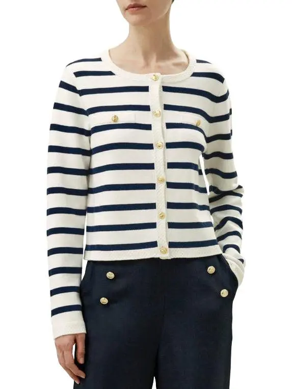 Lilysilk Gariana Striped Merino Wool Cardigan - Navy Blue