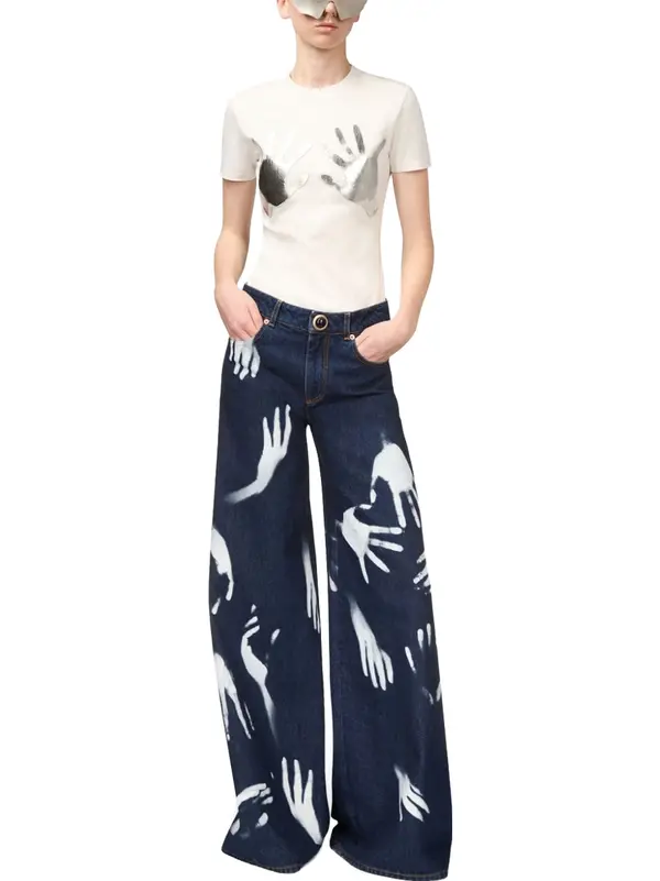 AREA Hand-print Wide-leg Jeans - Blue