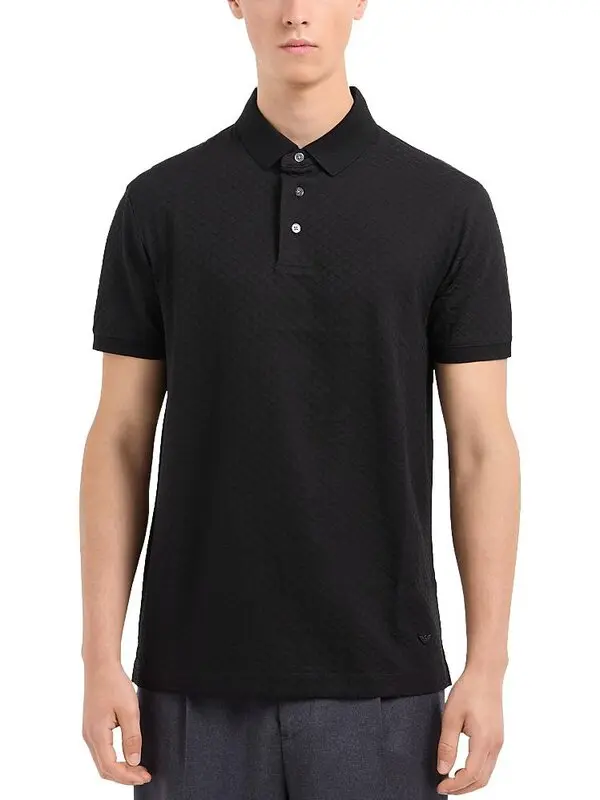 Emporio Armani Cotton Jersey Diamond Jacquard Regular Fit Polo Shirt - Solid Black