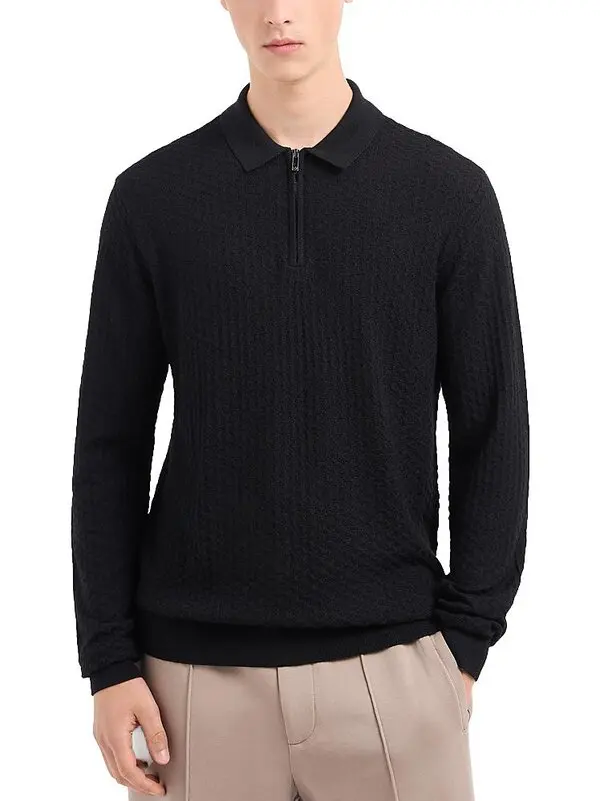 Emporio Armani Wool Diamond Jacquard Quarter Zip Polo Sweater - Solid Black