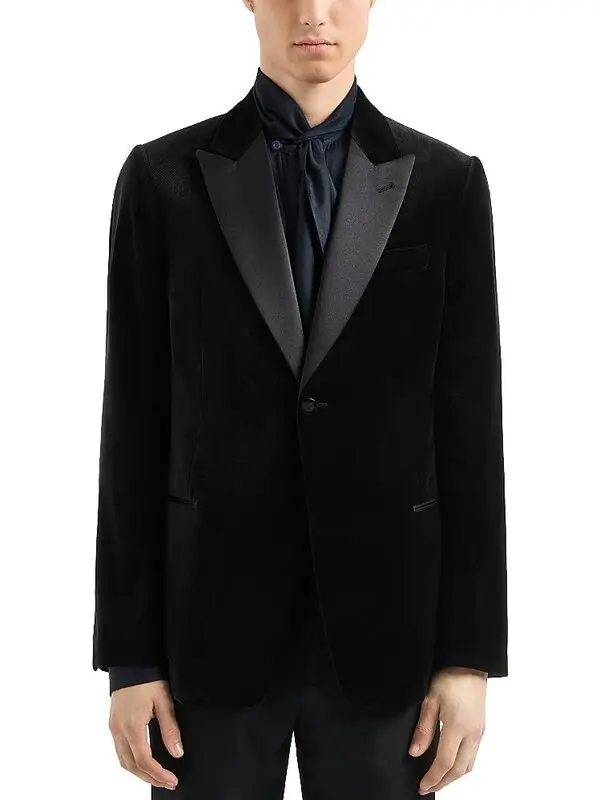 Emporio Armani Regular Fit Embossed Print And Satin Lapel Blazer - Solid Black