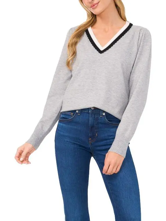 CECE DUPRAZ Scalloped Trim V-neck Pullover - Lt Hthr Grey