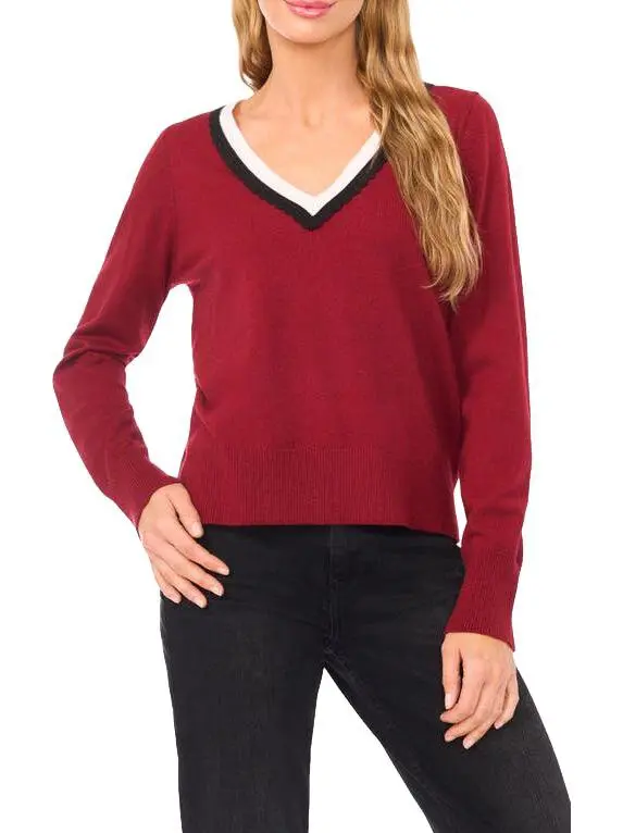 CECE DUPRAZ Scalloped Trim V-neck Pullover - Mulberry Red