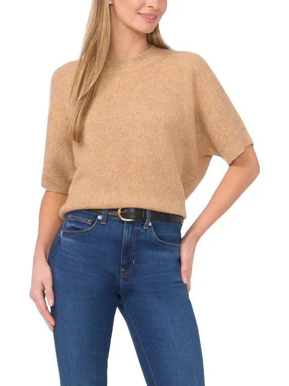 Halogen Short Sleeve Ribbed Crewneck Sweater - Latte Heather